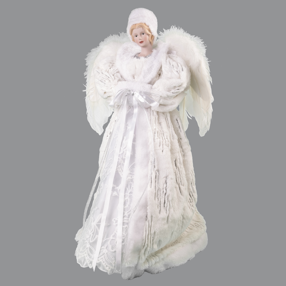 ANGEL TREE TOP 24" WHITE FAUX FUR W/ LACE W/ HAT - Christmas Forever