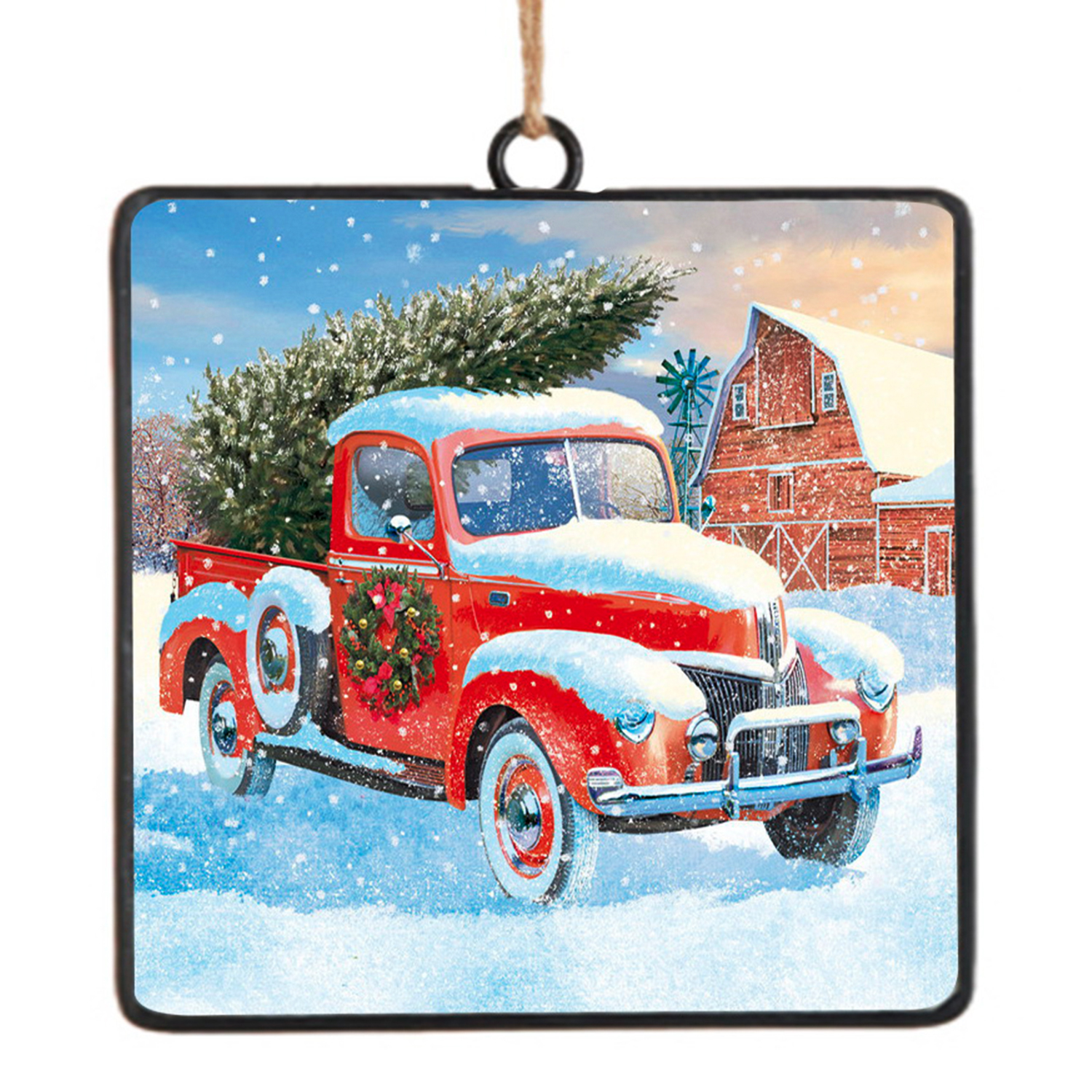 ORN METAL SQUARE DISC 4" RED TRUCK - Christmas Forever