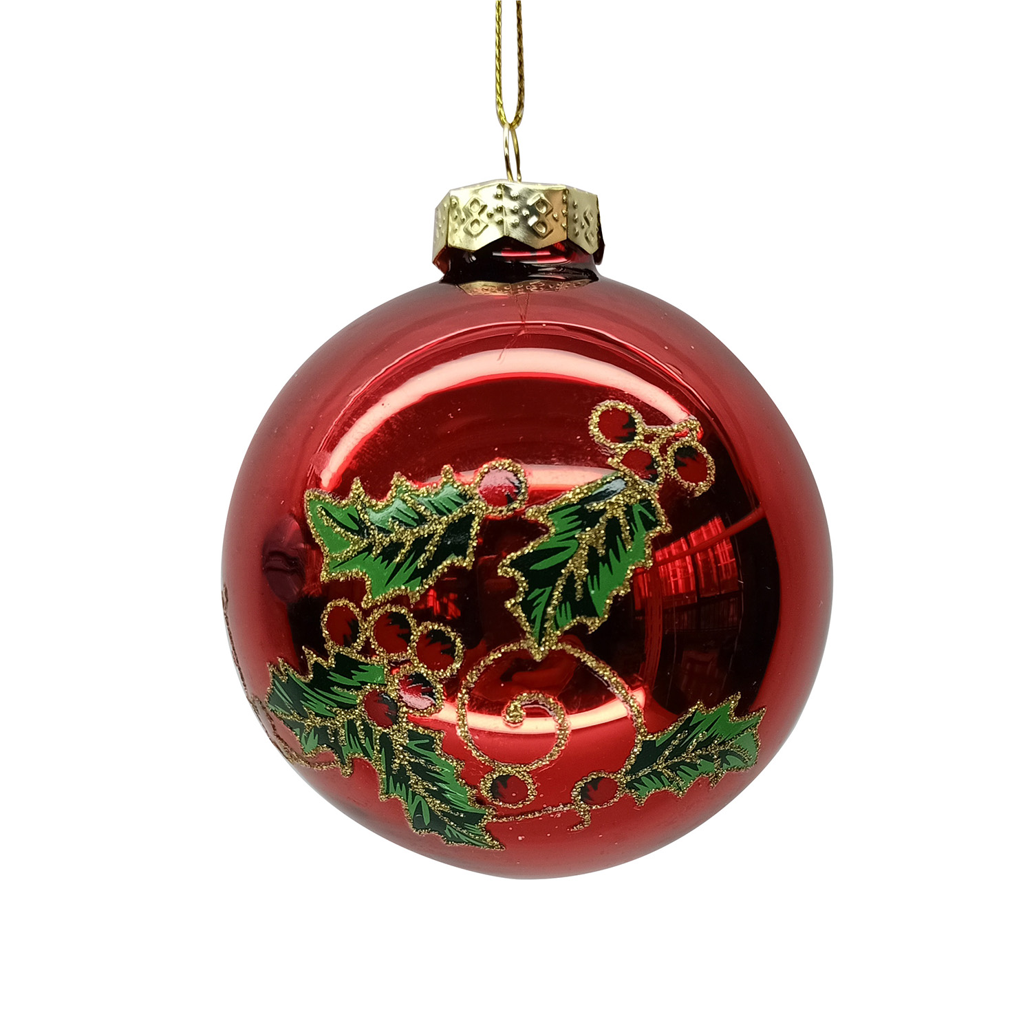 ORN GLASS BALL 3" RED/HOLLY PATTERN - Christmas Forever
