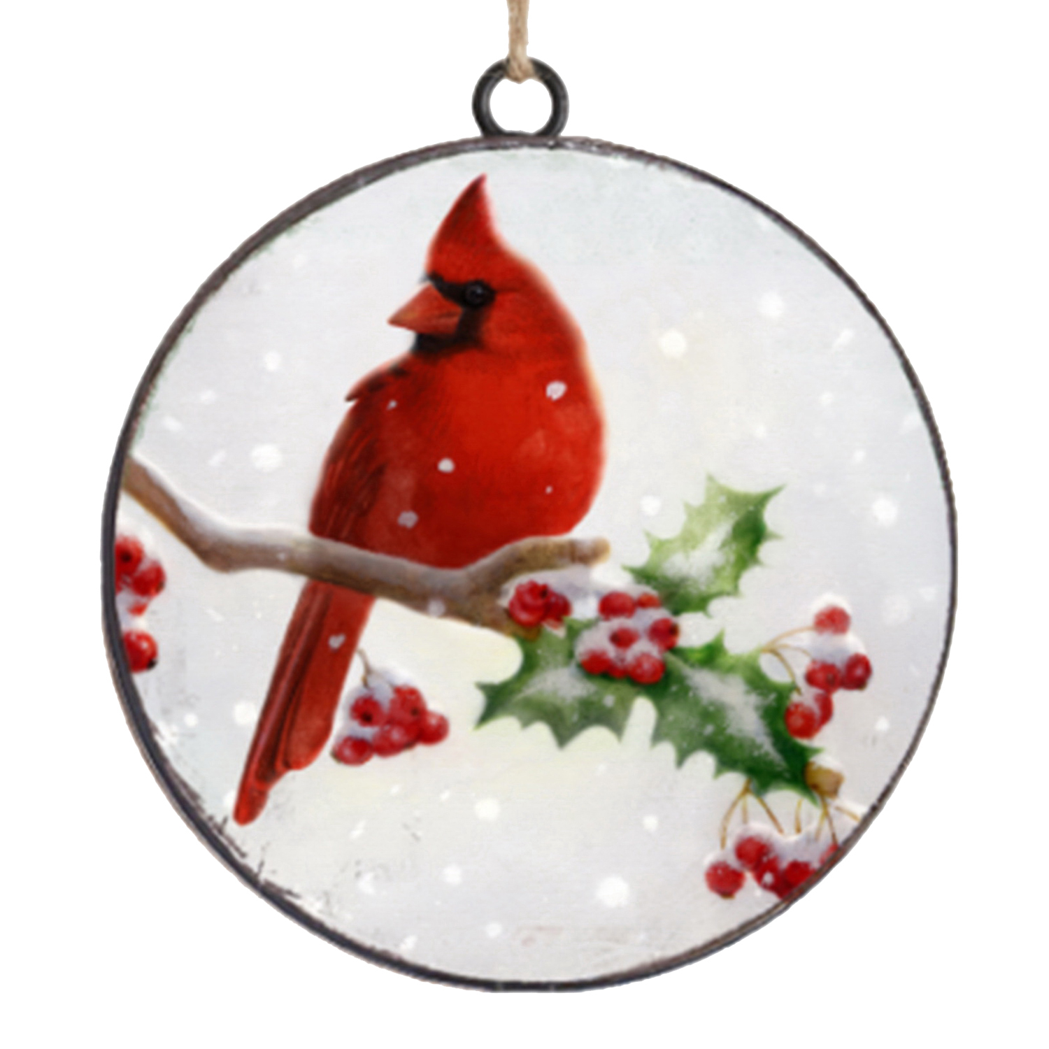 ORN METAL DISC 4" CARDINAL W/HOLLY LEAVES &BERRIES - Christmas Forever