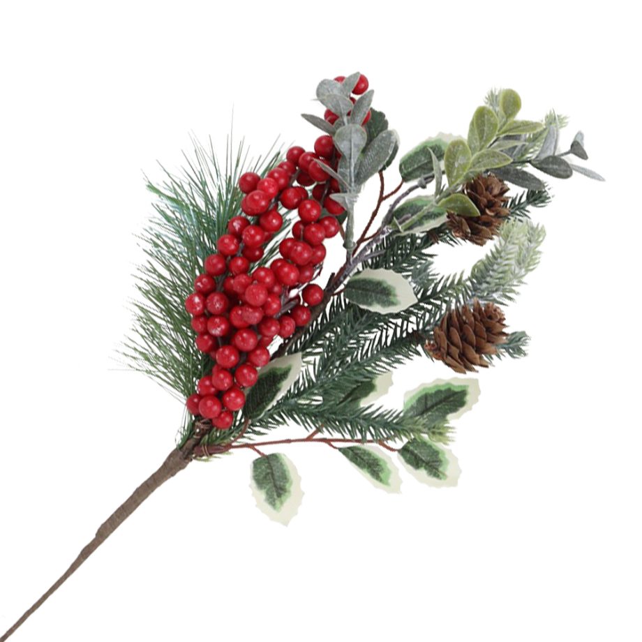 SPRAY GRN PINE 12" RED BERRY MIXED GREENERY & CONES - Christmas Forever