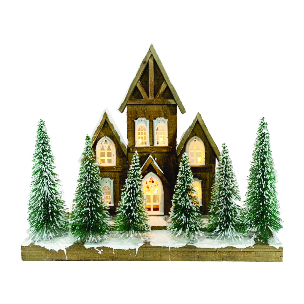 WOODEN NAT. VILLAGE SCENE 17.5"x15" W/ LED LIGHTS SNOW & TREES ...