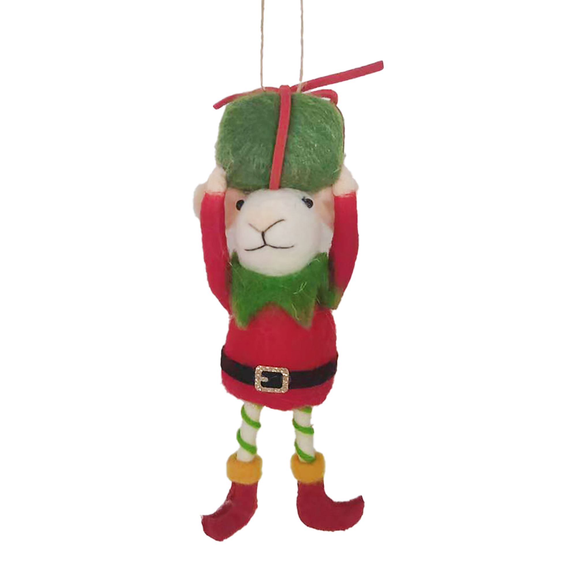 ORN WOOL MOUSE RED 5" DRESSED IN AN ELF COSTUME CARRYING A GIFT BOX ...