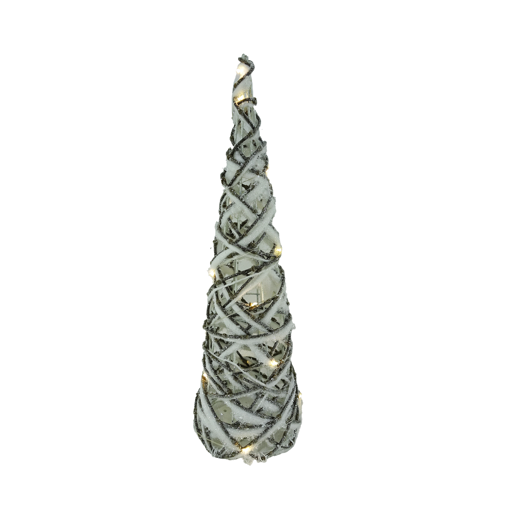 CONE TREE RATTAN/COTTON ROPE FROSTED 16" W/ SILVER GLITTER, 15-LED ...