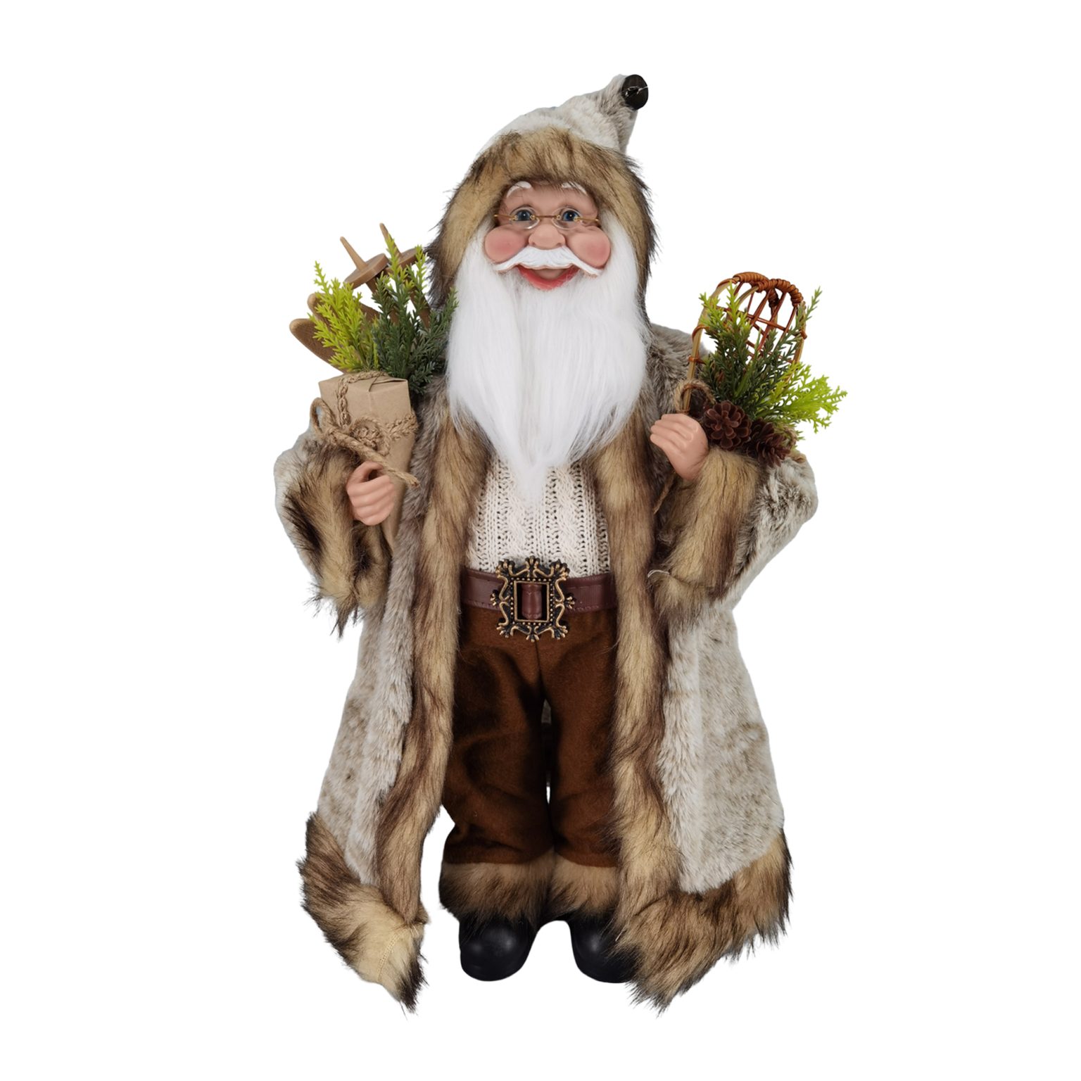 SANTA STANDING 18" BROWN FUR COAT HOLDING A TAN WOODEN SNOWSHOE ...